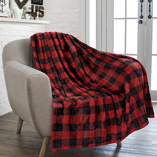 PAVILIA Buffalo Plaid Throw Blanket for Sofa Couch | Soft Flannel Fleece Red Black Checker Plaid Pattern Decorative Throw | Warm Cozy Lightweight Microfiber | 50 x 60 Inches