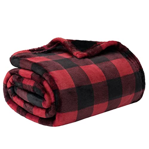 PAVILIA Buffalo Plaid Throw Blanket for Sofa Couch | Soft Flannel Fleece Red Black Checker Plaid Pattern Decorative Throw | Warm Cozy Lightweight Microfiber | 50 x 60 Inches