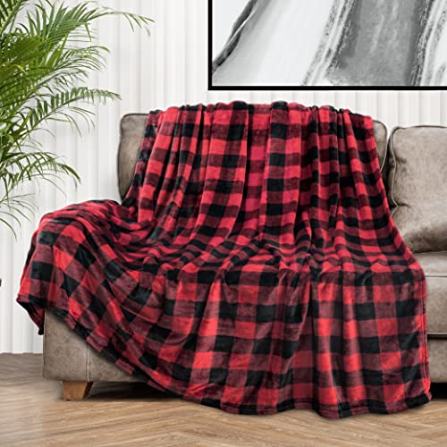 PAVILIA Buffalo Plaid Throw Blanket for Sofa Couch | Soft Flannel Fleece Red Black Checker Plaid Pattern Decorative Throw | Warm Cozy Lightweight Microfiber | 50 x 60 Inches