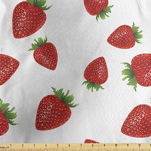 Lunarable Spring Fabric by The Yard, Cartoon Style Strawberries on White Background Fresh Fruit Pattern Image, Decorative Satin Fabric for Home Textiles and Crafts, 2 Yards, White Red