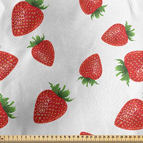 Lunarable Spring Fabric by The Yard, Cartoon Style Strawberries on White Background Fresh Fruit Pattern Image, Decorative Satin Fabric for Home Textiles and Crafts, 2 Yards, White Red