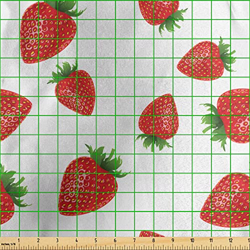 Lunarable Spring Fabric by The Yard, Cartoon Style Strawberries on White Background Fresh Fruit Pattern Image, Decorative Satin Fabric for Home Textiles and Crafts, 2 Yards, White Red