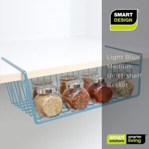 Smart Design Undershelf Storage Basket - Medium - Snug Fit Arms - Steel Metal Frame - Rust Resistant - Cabinet, Pantry, and Shelf Organization - 16 x 5.5 Inch - Light Blue