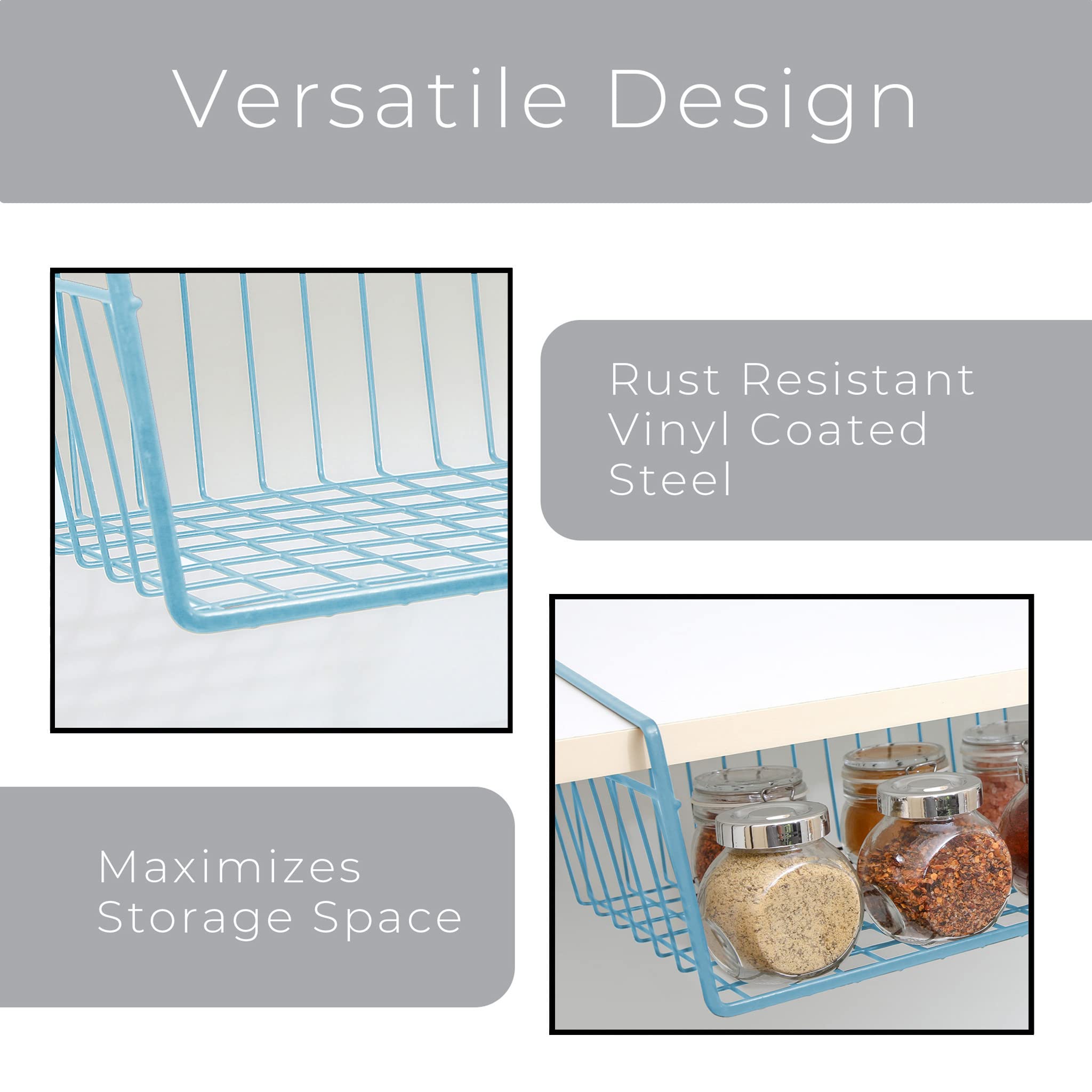 Smart Design Undershelf Storage Basket - Medium - Snug Fit Arms - Steel Metal Frame - Rust Resistant - Cabinet, Pantry, and Shelf Organization - 16 x 5.5 Inch - Light Blue