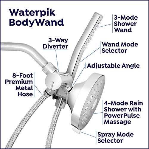 Waterpik High Pressure Handheld Wand and Rain Shower Head Combo with 8-Foot Long Metal Hose, BodyWand Spa System with 7 Spray Modes for Hair and Body, Chrome