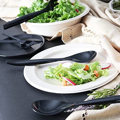 Set of 18 - Heavy Duty Disposable Plastic Serving Utensils, Six 10” Spoons and Forks, Six 6-1/2” Tongs, Black