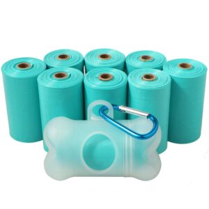 poqod dog poop bags - leak-proof dog waste bags, clean up pet poo bag refills 9 rolls /135 count, (greenish-blue) includes free bone dispenser and d-ring carabiners clip