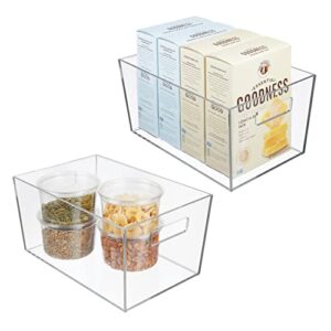 mdesign modern plastic kitchen pantry cabinet, refrigerator food storage bin with handles - organizer for fruit, yogurt, snacks, pasta - 12" long - 2 pack - clear