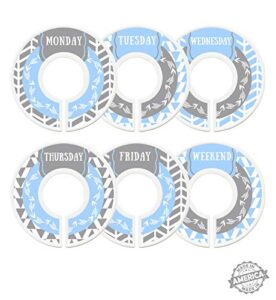 modish labels daily clothes organizers, days of week closet dividers, closet organizers, school supplies, work week clothes organizer, boy, male, men, arrows, tribal, blue, grey, gray (days)