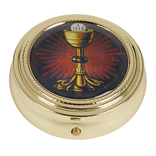 Gold Tone IHS Chalice and Host Communion PYX with Epoxy Lid, 2 1/4 Inch