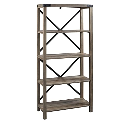 Walker Edison Andersen Urban Industrial Metal X Back 4 tier Bookshelf, 64 Inch, Grey Wash