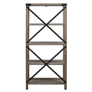 Walker Edison Andersen Urban Industrial Metal X Back 4 tier Bookshelf, 64 Inch, Grey Wash