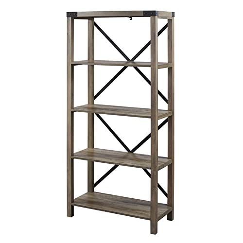 Walker Edison Andersen Urban Industrial Metal X Back 4 tier Bookshelf, 64 Inch, Grey Wash