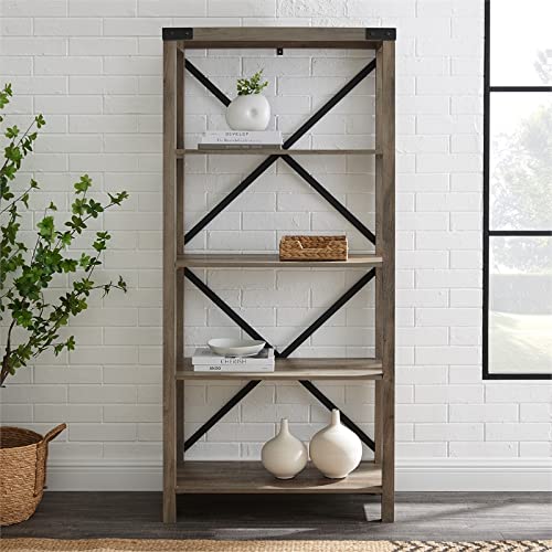 Walker Edison Andersen Urban Industrial Metal X Back 4 tier Bookshelf, 64 Inch, Grey Wash