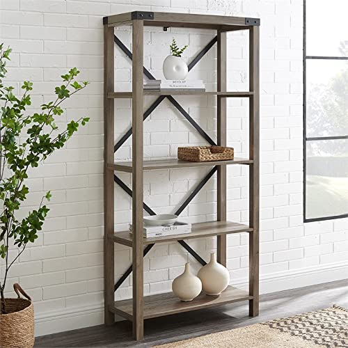 Walker Edison Andersen Urban Industrial Metal X Back 4 tier Bookshelf, 64 Inch, Grey Wash