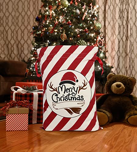 Jolly Jon Large Christmas Bags Santa Sacks - Red Candy Cane Santa Sack - XL Large Reusable Christmas Gift Bag - 17.5 x 24.5 with Drawstring Closure