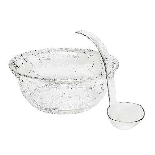 Pro Dispose Plastic Punch Bowl with Ladle | 8 Quart Clear 2 Gallon Punch Plastic Bowls | BPA Free Recyclable Punch Set of Bowl and 5 oz. Ladle | Embroidered Punch Bowl with Serving Ladle for Parties