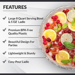 Pro Dispose Plastic Punch Bowl with Ladle | 8 Quart Clear 2 Gallon Punch Plastic Bowls | BPA Free Recyclable Punch Set of Bowl and 5 oz. Ladle | Embroidered Punch Bowl with Serving Ladle for Parties