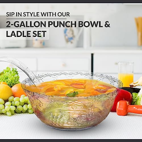 Pro Dispose Plastic Punch Bowl with Ladle | 8 Quart Clear 2 Gallon Punch Plastic Bowls | BPA Free Recyclable Punch Set of Bowl and 5 oz. Ladle | Embroidered Punch Bowl with Serving Ladle for Parties