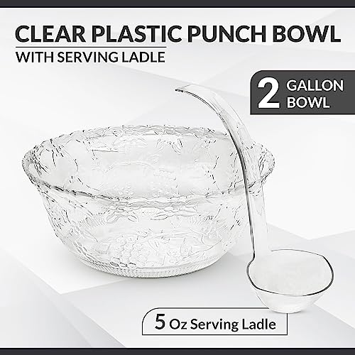 Pro Dispose Plastic Punch Bowl with Ladle | 8 Quart Clear 2 Gallon Punch Plastic Bowls | BPA Free Recyclable Punch Set of Bowl and 5 oz. Ladle | Embroidered Punch Bowl with Serving Ladle for Parties