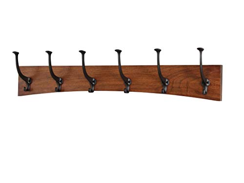 PegandRail Solid Cherry Wall Coat Rack Curved Design Black Mission Hooks Made in The USA (30.5" x 6.5" with 6 Hooks)