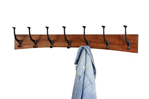 PegandRail Solid Cherry Wall Coat Rack Curved Design Black Mission Hooks Made in The USA (30.5" x 6.5" with 6 Hooks)