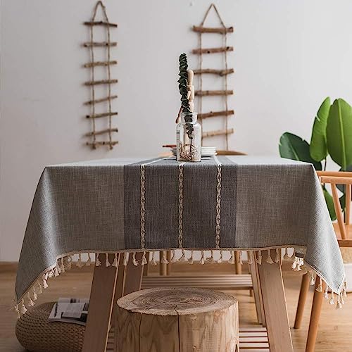 Lamberia Cotton Linen Tablecloths with Tassel for Square Tables Heavyweight Burlap Table Cover for Kitchen Dinning Tabletop Decoration (Gray, 55"x55")