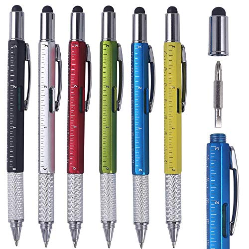 Ipienlee 6 in 1 Multitool Tech Tool Pen with Ruler, Levelgauge, Ballpoint Pen, Stylus and 2 Screw Driver, Christmas Gifts for Men or Dad (6 COLOR)