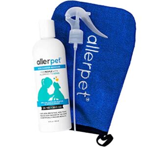 allerpet dog allergy relief w/free applicator mitt & sprayer - best pet dander remover for allergens - for canine dry skin treatment - good for fur & skin - (12oz)