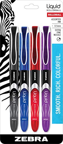 Zebra Pen Liquid Rollerball Pens, Needle Point 0.5mm, Assorted Color, 4-Count