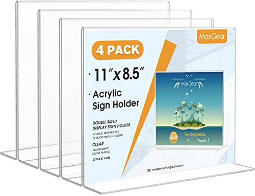 MaxGear Acrylic Sign Holder 8.5 x 11 inches 4 Pack, Horizontal Plastic Display Stand, Clear Table Top Flyer Paper Holders, Menu Ad Frames for Office, Store, Restaurant, Home - Landscape