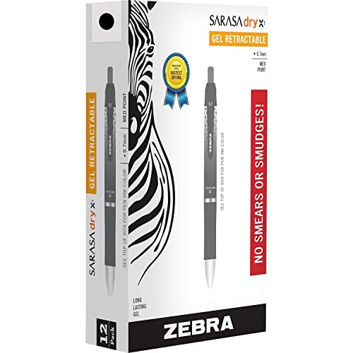 Zebra Pen Sarasa Dry X1 Retractable Gel Pen, Medium Point, 0.7mm, Black Ink, 12-Pack