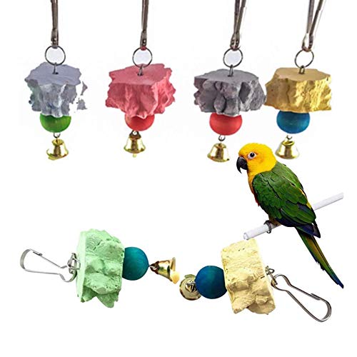 Bird Grinding Beak Calcium Stone With Bell,Rat Mineral Lava Block Trimming Teeth Chewing Toys for Chinchilla Bunny Budgie Cockatiel Parakeet Parrot 6-Pcs(Random Delivery Of Color)