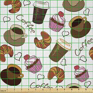 Lunarable Coffee Fabric by The Yard, Coffee Cups Takeaways and Sweets Cherry Cupcake Croissant American Breakfast Culture, Microfiber Fabric for Arts and Crafts Textiles & Decor, 1 Yard, Brown