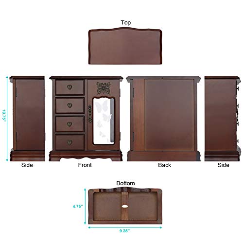 RR ROUND RICH DESIGN Solid Wooden Jewelry Box Makeup and Organizer Women Ring Storage with 4-Drawers Built-in Necklace Carousel and Mirror Brown