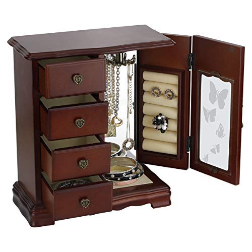 RR ROUND RICH DESIGN Solid Wooden Jewelry Box Makeup and Organizer Women Ring Storage with 4-Drawers Built-in Necklace Carousel and Mirror Brown