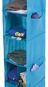 Amborido 5 Shelf Hanging Closet Organizer 7 Division Foldable Hanging Shelves 4 Side Pockets Non Woven Fabric Lake Blue