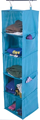 Amborido 5 Shelf Hanging Closet Organizer 7 Division Foldable Hanging Shelves 4 Side Pockets Non Woven Fabric Lake Blue