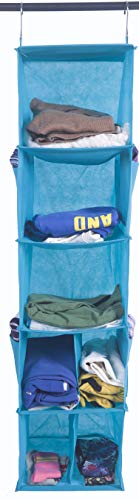 Amborido 5 Shelf Hanging Closet Organizer 7 Division Foldable Hanging Shelves 4 Side Pockets Non Woven Fabric Lake Blue