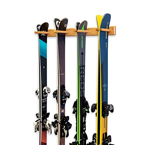 StoreYourBoard Timber Ski Wall Rack, 4 Pairs of Skis Storage, Wood Home and Garage Mount System, Natural Wood