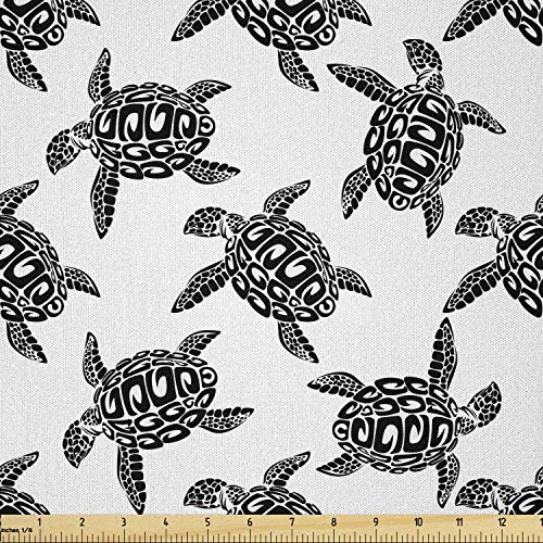 Lunarable Sea Animals Fabric by The Yard, Monochrome Illustration of Swimming Marine Ocean Turtles Tribal Details, Microfiber Fabric for Arts and Crafts Textiles & Decor, 1 Yard, White