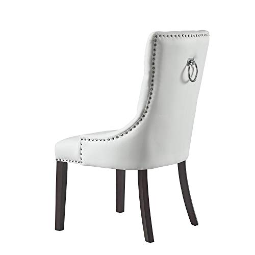 InspiredHome White Leather Dining Chair - Design: Alberto | Set of 2 | Tufted | Ring Handle | Chrome Nailhead Finish