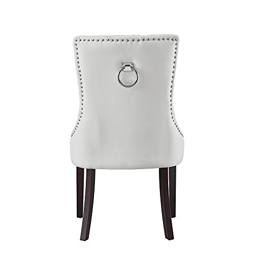 InspiredHome White Leather Dining Chair - Design: Alberto | Set of 2 | Tufted | Ring Handle | Chrome Nailhead Finish