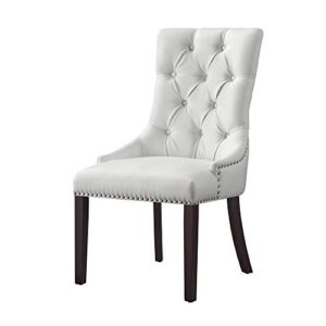 InspiredHome White Leather Dining Chair - Design: Alberto | Set of 2 | Tufted | Ring Handle | Chrome Nailhead Finish