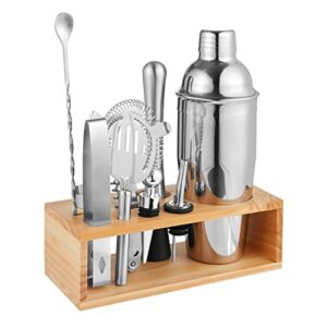 cocktail shaker set bartender kit, niceao 10-piece bar kit, 25oz martini shaker, mixing spoon, double jigger, liquor pourers, muddler, strainer and ice tongs, professional bar set tools