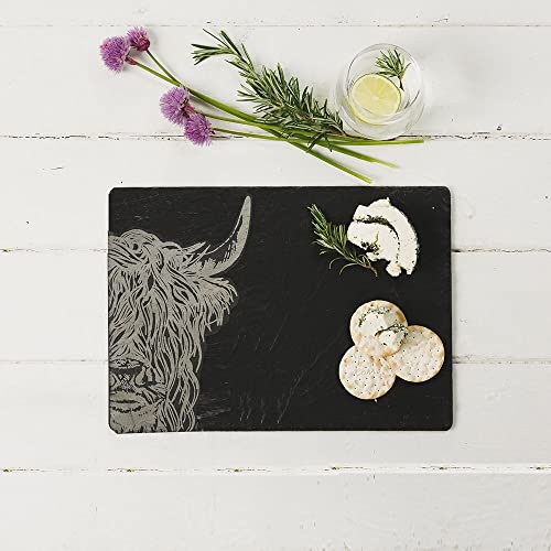 The Just Slate Company, Handcrafted Slate Rectangle Cheese Board, Laser Etched Highland Cow Design