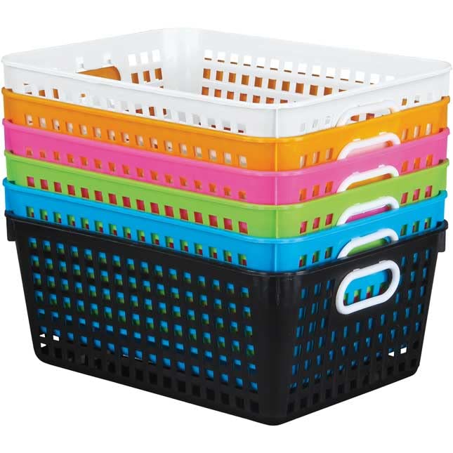 Really Good Stuff - 666014 Plastic Storage Baskets for Classroom or Home Use – Stackable Mesh Plastic Baskets with Grip Handles – Bright Neon Colors – 13" x 10" (Set of 6)