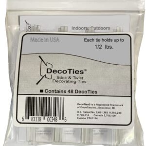 DecoTies Brand Fasteners, Stick & Twist Decorating Ties for Hanging Light Strings, Garlands, Streamers, Light Curtains, Vines, Lightweight Decorations on Various Surfaces, Removable, Clear Ties (48)