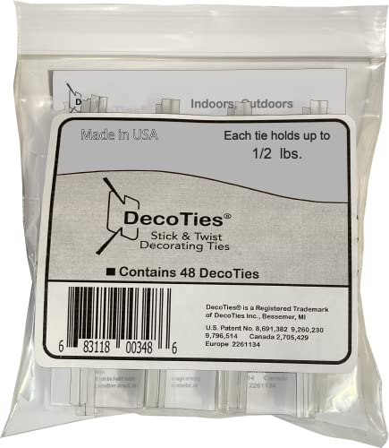 DecoTies Brand Fasteners, Stick & Twist Decorating Ties for Hanging Light Strings, Garlands, Streamers, Light Curtains, Vines, Lightweight Decorations on Various Surfaces, Removable, Clear Ties (48)