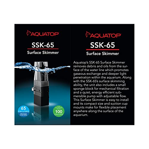 Aquatop 65 GPH Internal Surface Skimmer – for Tanks Up to 100 Gallons, Salt & Freshwater Tanks, Removes Film & Oil from Water Surface, Suction Cup Mounts for Versatile Placement, SSK-65